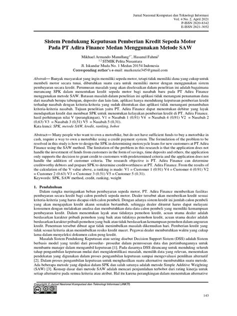 Sistem Pendukung Keputusan Pemberian Kredit Sepeda Motor Pada Pt