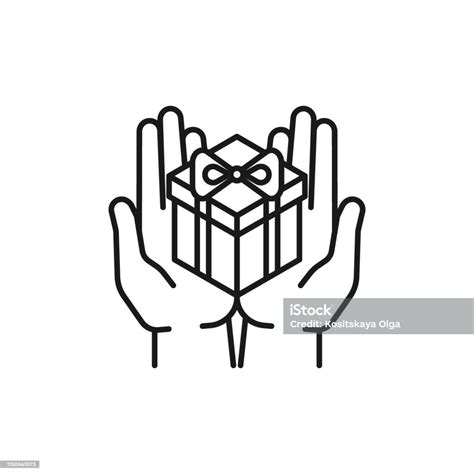 흰색 바탕에 손에 선물 상자의 검은 고립 된 개요 아이콘 선물 상자와 두 손의 라인 아이콘입니다 선물을 만들어 주세요 손에 대한