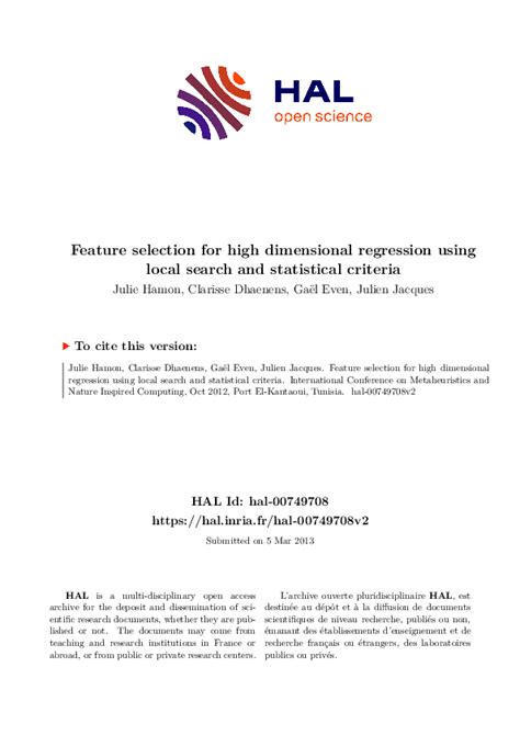 Pdf Feature Selection For High Dimensional Regression Using Local Search And Statistical Criteria