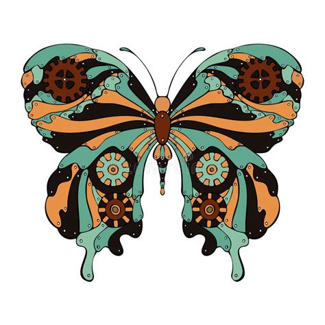Steampunk Butterfly Color Drawing Handmade In Doodle Style Stock