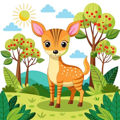 A Cute Cartoon Fawn Standing In A Forest Clearing With A Sunny Sky