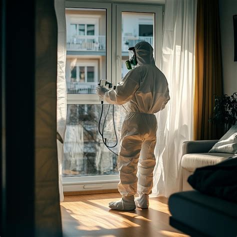 disinfector in protective suit using disinfecting equipment to sanitize