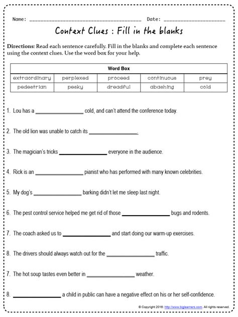 Context Clues Fill In The Blanks Pdf