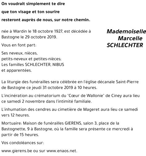 Avis De Décès De Marcelle Schlechter Décédé Le 29102019 à Bastogne Annonce Condoléances