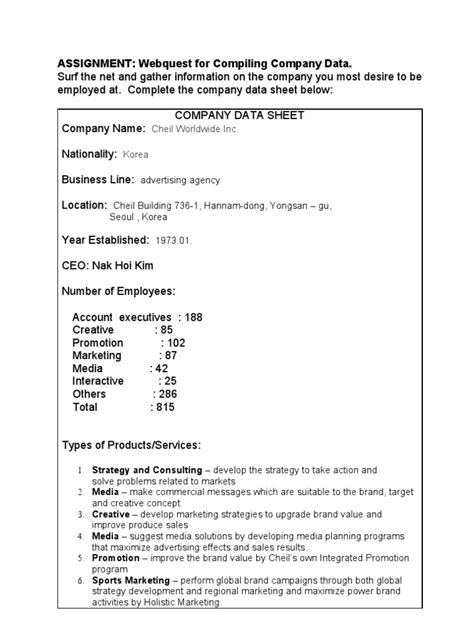 Assignment Webquest For Compiling Company Data Cheil Worldwide Inc