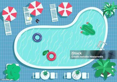 상단 보기 둥근 풀 플랫 컬러 벡터 일러스트레이션 물 반점 주변의 타일 바닥 수영을위한 팽창식 선인장 풀사이드 2d 만화 풍경 라운저와 우산을 배경으로 수영장 스포츠