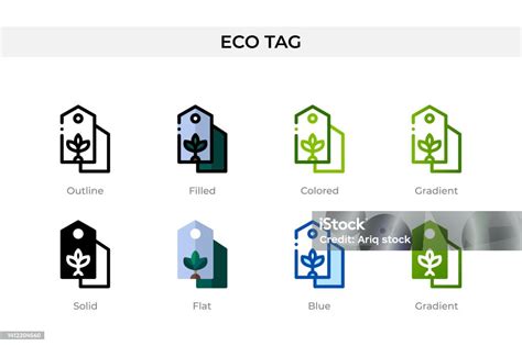 다른 스타일의 에코 태그 아이콘 에코 태그 벡터 아이콘은 윤곽선 솔리드 컬러 채우기 그라디언트 및 플랫 스타일로 설계되었습니다 기호 로고 일러스트레이션 벡터 일러스트 레이
