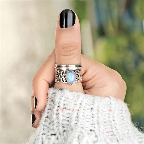 Sterling Silver Spinner Teardrop Moonstone Ring Boho Magic Jewelry
