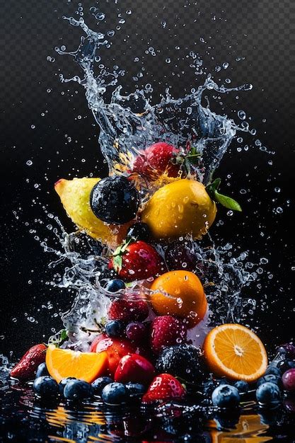 Frutas frescas caindo em salpicaduras de água isoladas em um fundo transparente PSD Premium