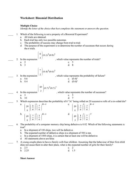 Binomial Probability Practice Worksheet Worksheet Binomial Distribution Multiple Choice
