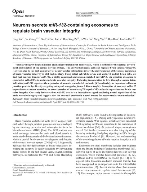 Pdf Neurons Secrete Mir 132 Containing Exosomes To Regulate Brain
