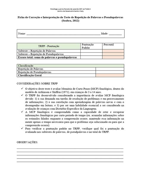 Ficha De Correção E Interpretação Teste De Repetição De Palavras E