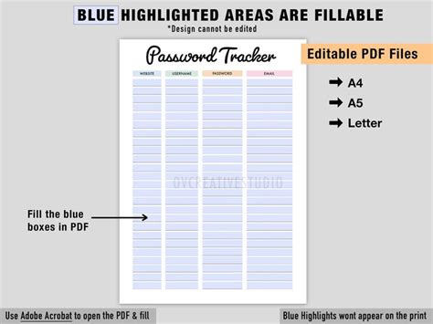 Editable Password Tracker Printable Digital Password Organizer