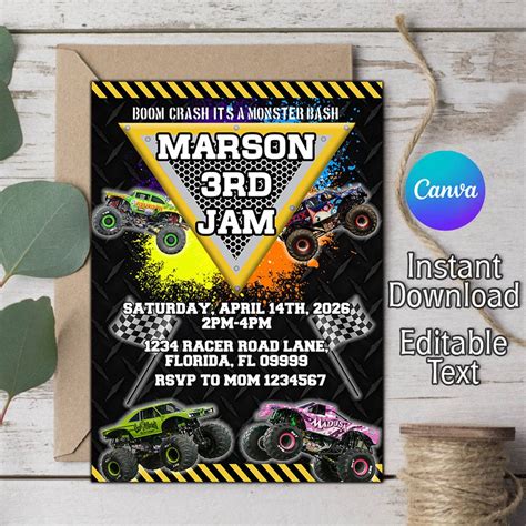 Invitación De Cumpleaños De Monster Truck Invitación De Monster Truck
