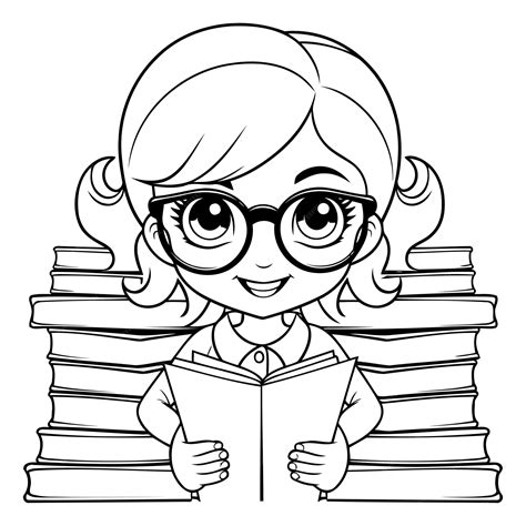 Premium Vector Girl With Glasses Reading A Book Black And White