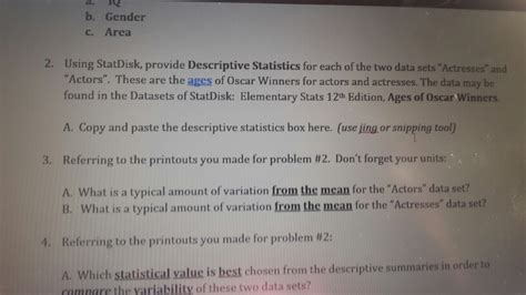 solved b gender c area 2 using statdisk provide