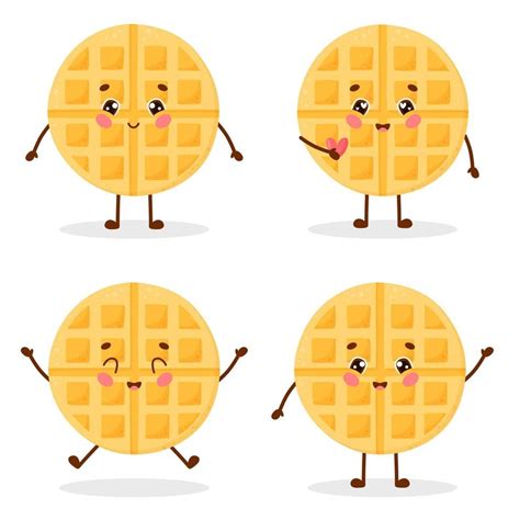 Set Of Cute Cartoon Character Waffle In Different Emotions Vector