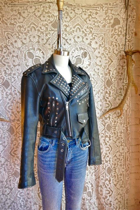 Black Studded Cropped Leather Biker Jacket As Is Gem