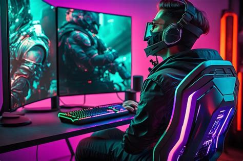 Premium Ai Image Gamer In Neon Room Virtual Reality Goggles Metaverse