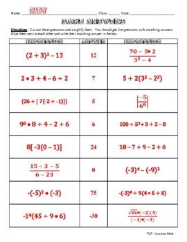 Order Of Operations Matching Activity By Sunshine Math TPT