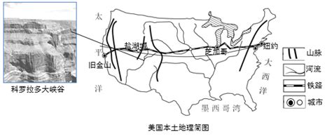 题目 美国国土辽阔东西绵长自然景观迥异阅读下列图文材料回答问题材料一纽约至旧金山铁路横贯美国东西两岸小明利用暑假到美国旅游先