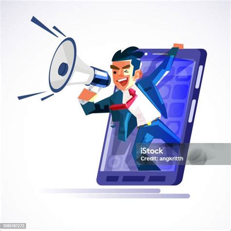 확성기로 외치는 큰 스마트폰에서 사업입니다 온라인 사업을 발표 또는 프레 젠 테이 션벡터 남자 사업가에 대한 스톡 벡터 아트 및