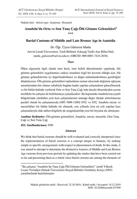 Pdf Anadoluda Orta Ve Son TunÇ ÇaĞi ÖlÜ GÖmme Geleneklerİ