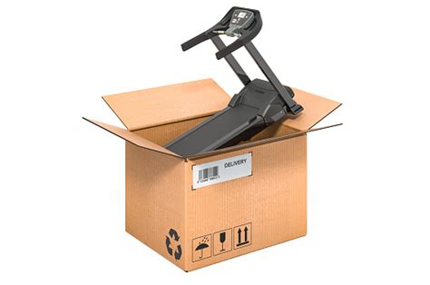 골판지 상자 배달 개념 내부 러닝 머신 흰색 배경에서 격리된 3d 렌더링 러닝머신에 대한 스톡 사진 및 기타 이미지 러닝머신 배달 운동장비 Istock
