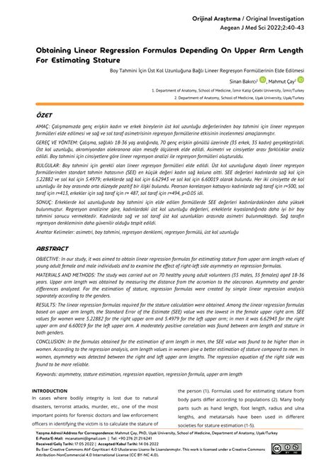 Pdf Obtaining Linear Regression Formulas Depending On Upper Arm