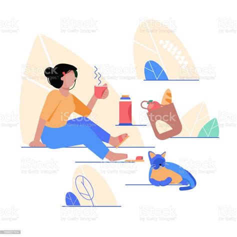 한 여성이 공원에 앉아 커피와 차를 마십니다 플랫 스타일 벡터 일러스트레이션 가공의 인물에 대한 스톡 벡터 아트 및 기타 이미지