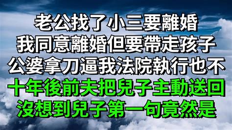 老公找了小三要離婚我同意離婚但要帶走孩子公婆拿刀逼我法院執行也不行十年後前夫把兒子主動送回沒想到兒子第一句竟然是【獨酌伊人淚】婆媳情感故事