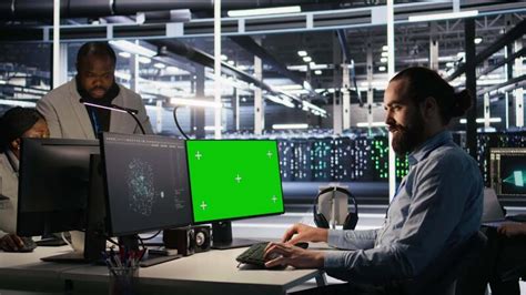 Engineer Using Green Screen Mockup Pc In Data Center To Update Servers Tech Configuring