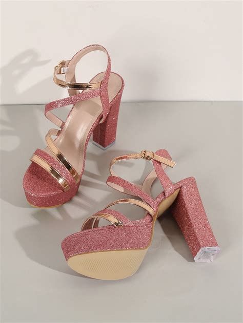 Glitter Metallic Detail Chunky Heeled Ankle Strap Sandals Fancy