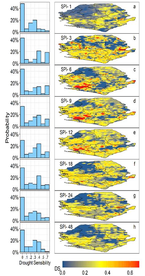 spatial distribution of drought severity and frequency histogram for a