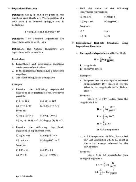 handout logarithmic functions pdf logarithm ph