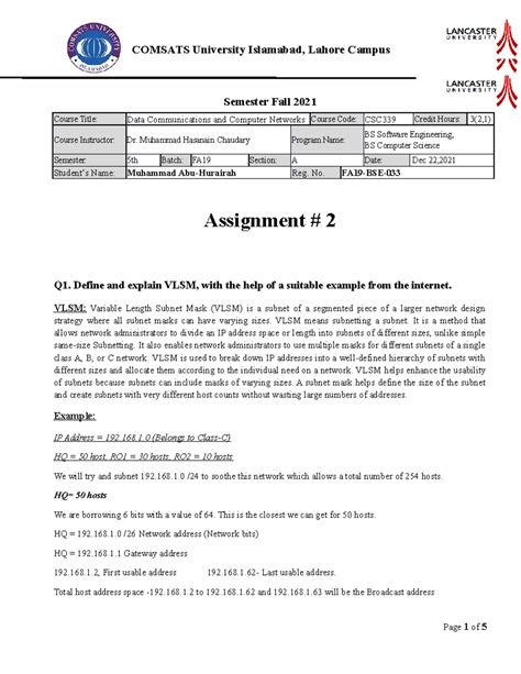 Data Communication And Computer Networks Assignment 2 Comsats University Islamabad Lahore
