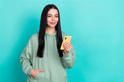 Photo Of Lovely Millennial Brunette Lady Look Telephone Wear Green