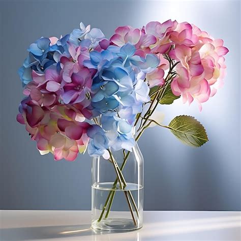 Premium Ai Image A Pink Purple And Blue Bouquet In A Glass Vase