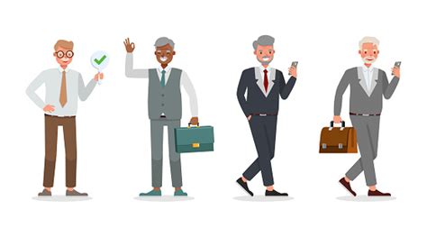 사무실 캐릭터 벡터 디자인에서 일하는 오래된 사업가 다양한 액션으로 프리젠 테이션 개념에 대한 스톡 벡터 아트 및 기타 이미지