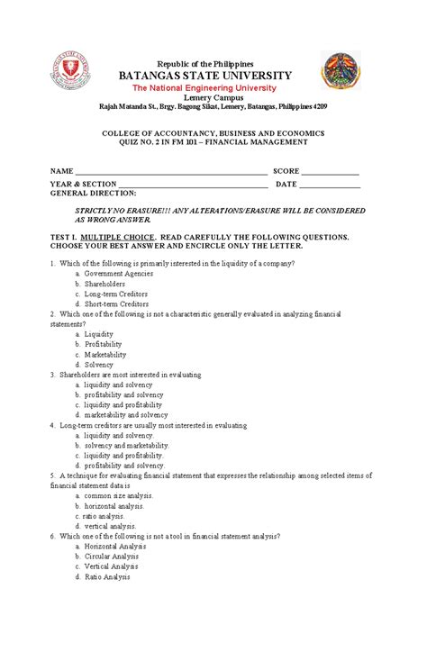 Revised Quiz No Republic Of The Philippines Batangas State University The National Engineering