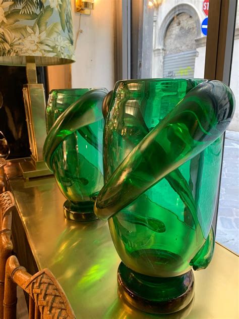 Pair Of Green Murano Glass Hand Blown Iridescent Vases By Costantini