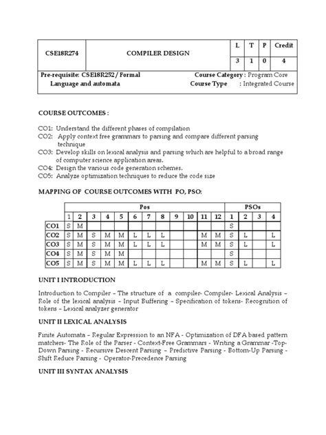 Cse18r274 Syllabus Pdf Parsing Compiler