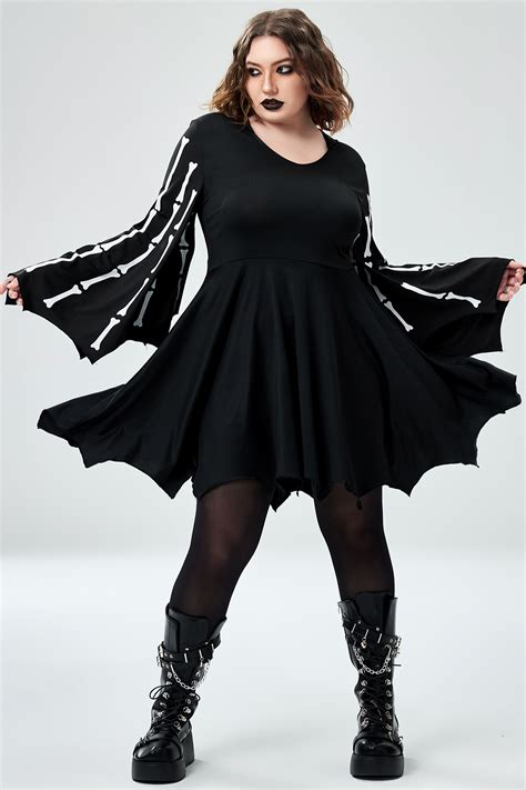 Xpluswear Design Plus Size Halloween Costume Black Bat Skeletons