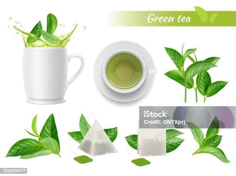 뜨거운 차 현실적인 녹색 잎 컵 물 튀는 향기로운 녹차 태그 벡터 광고 세트 차 뜨거운 음료에 대한 스톡 벡터 아트 및 기타 이미지 차 뜨거운 음료 개념 개체 그룹