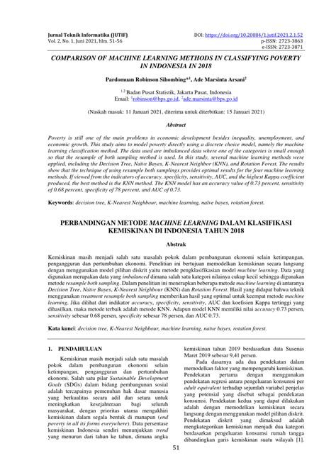 Pdf Comparison Of Machine Learning Methods In Classifying Poverty In Indonesia 2018