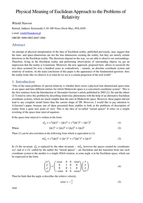 Pdf Physical Meaning Of Euclidean Approach To The Problems Of Relativity
