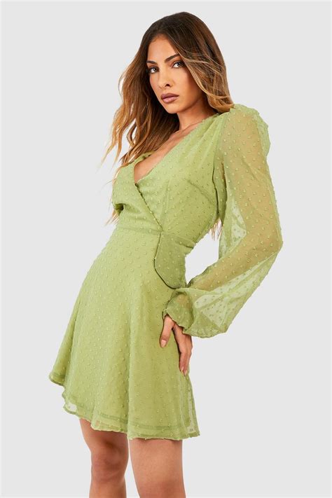 Dobby Blouson Sleeve Wrap Mini Dress Boohoo Uk