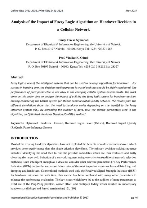 Pdf Analysis Of The Impact Of Fuzzy Logic Algorithm On Handover