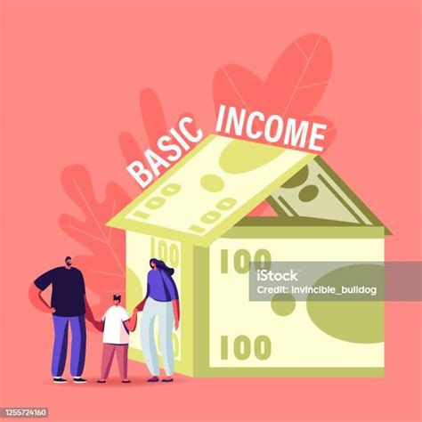 재산보험 보편적 기본소득개념 행복한 가족 캐릭터는 돈 청구서로 만든 코티지 앞에 서 있습니다 어머니 아버지와 작은 아기 손을 잡고 만화 사람들 벡터 일러스트레이션 집에 대한