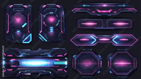Modern Cartoon Set Of Sci Fi Style Gui Elements Empty Frames With Blue And Pink Glows Modern